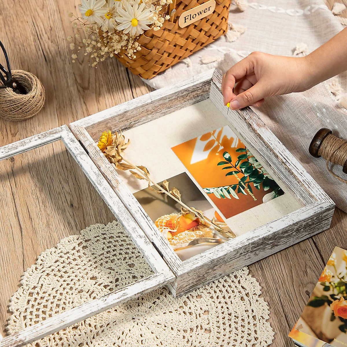 Califortree 8x10 Shadow Box Frame with Linen Back - Real Glass, Push Pins Included, Sturdy Rustic Memory Display Case, Distressed White