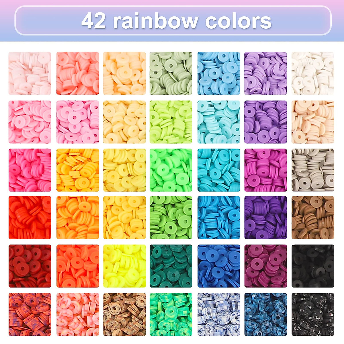 QUEFE 10500pcs, 42 Colors Clay Beads for Bracelet Making with Letter Smiley Face Peace Beads Different Charms Pendants, Polymer Heishi Beads Kit with Elastic Strings for DIY Craft Jewelry