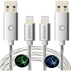 momen LED Charger Cable, 2 Pack 10FT Lightning Cable MFi Certified Data Sync Cord Compatible 13/12/11/XS Max/XS/XR/X/8/7/Plus/SE/iPad,iPhone Charger Cord Blue & Green