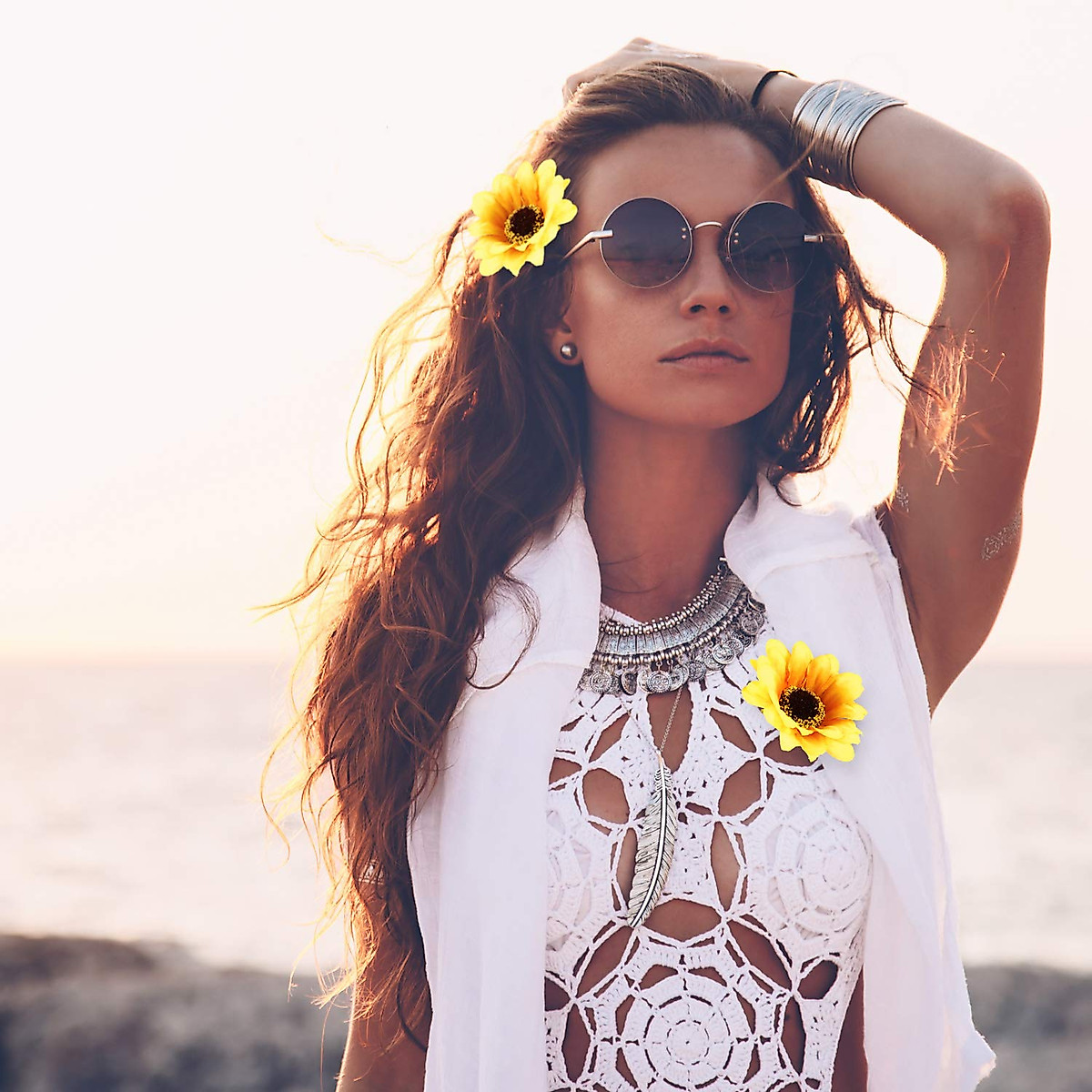 Fiada 16 Pieces Sunflower Headbands set Including 6 Pieces Sunflower Crown, 2 Pieces Sunflower Hair Clips, 8 Pieces Sunflower Hairpins for Women and Girls Wedding Hair Accessories