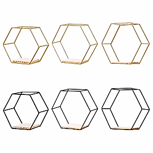SFTYUFS Floating Shelves Wall Mounted Floating Hexagon Shelves, Metal Framed Gold Shelves with Wood Based in Modern Chic Style, for Wall Storage & Display in Living Room Bedroom