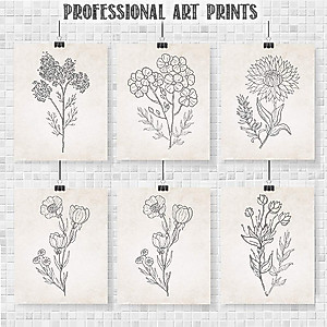 Beige Florals in Black and White Set of 6-8x10 Unframed Art Prints - Makes a Great Gift to Gardening Enthusiasts and Lovely Living Room Decor Under $20