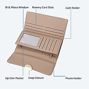 OYATON Clutch Wallets for Women, Soft Faux Leather Women Wallet with Phone Holder Zip Coin Pocket and Cute Leaf Shaped Snap Closure (Khaki)