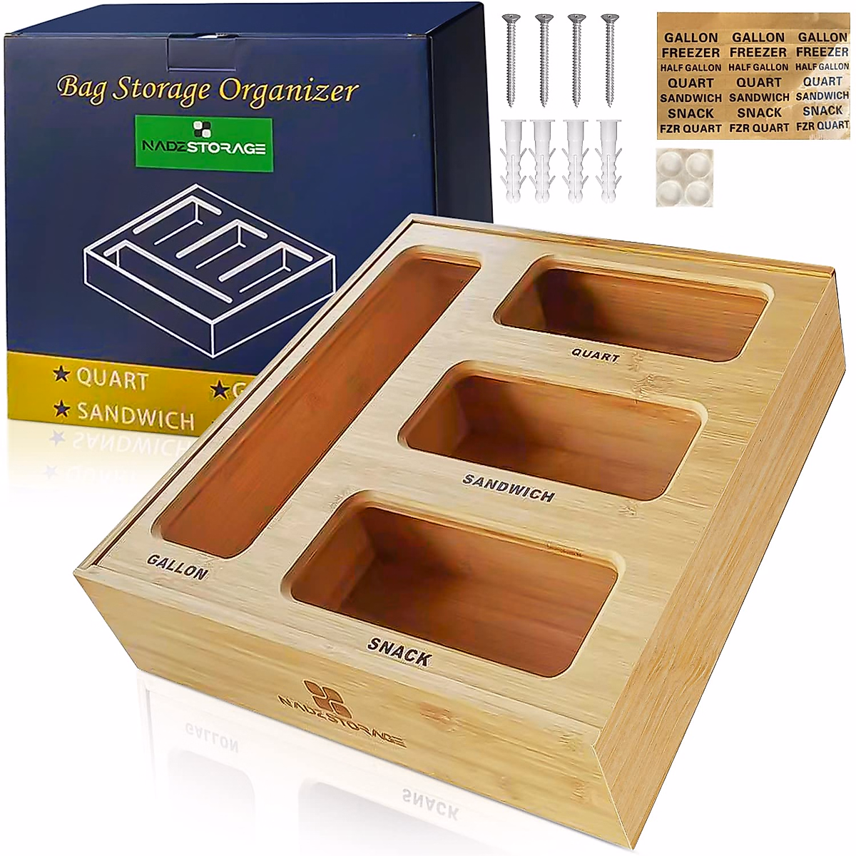 NADZ STORAGE Ziplock Bag Organizer plastic bag organizer for kitchen storage, 4 in 1 foil and plastic wrap organizer Compatible with Gallon, Quart, Sandwich & Snack