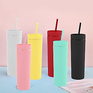 momocici Skinny Tumblers Bulk.16oz Matte Pastel Colored Skinny Tumblers with Lids and Straws.Double Walled Plastic Acrylic Smoothie Tea Iced Coffee Tumbler Cups.Slim Black Tumbler Set.(Black)
