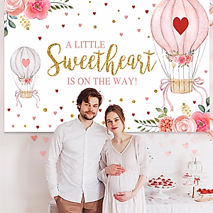 MEHOFOND Sweetheart Baby Shower Party Decorations Backdrop Up Up and Away Hot Air Balloon Pink Red Floral Gold Hearts Valentine Girl Baby Shower Photography Background Photo Banner 7x5ft