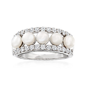Ross-Simons 4.5mm Cultured Pearl and .70 ct. t.w. White Topaz Ring in Sterling Silver. Size 7