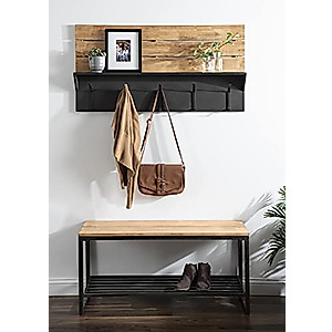 Kate and Laurel Samuels Farmhouse 5-Hook Wall Shelf, 42 x 5 x 22, Rustic Brown and Black, Decorative Wall Storage