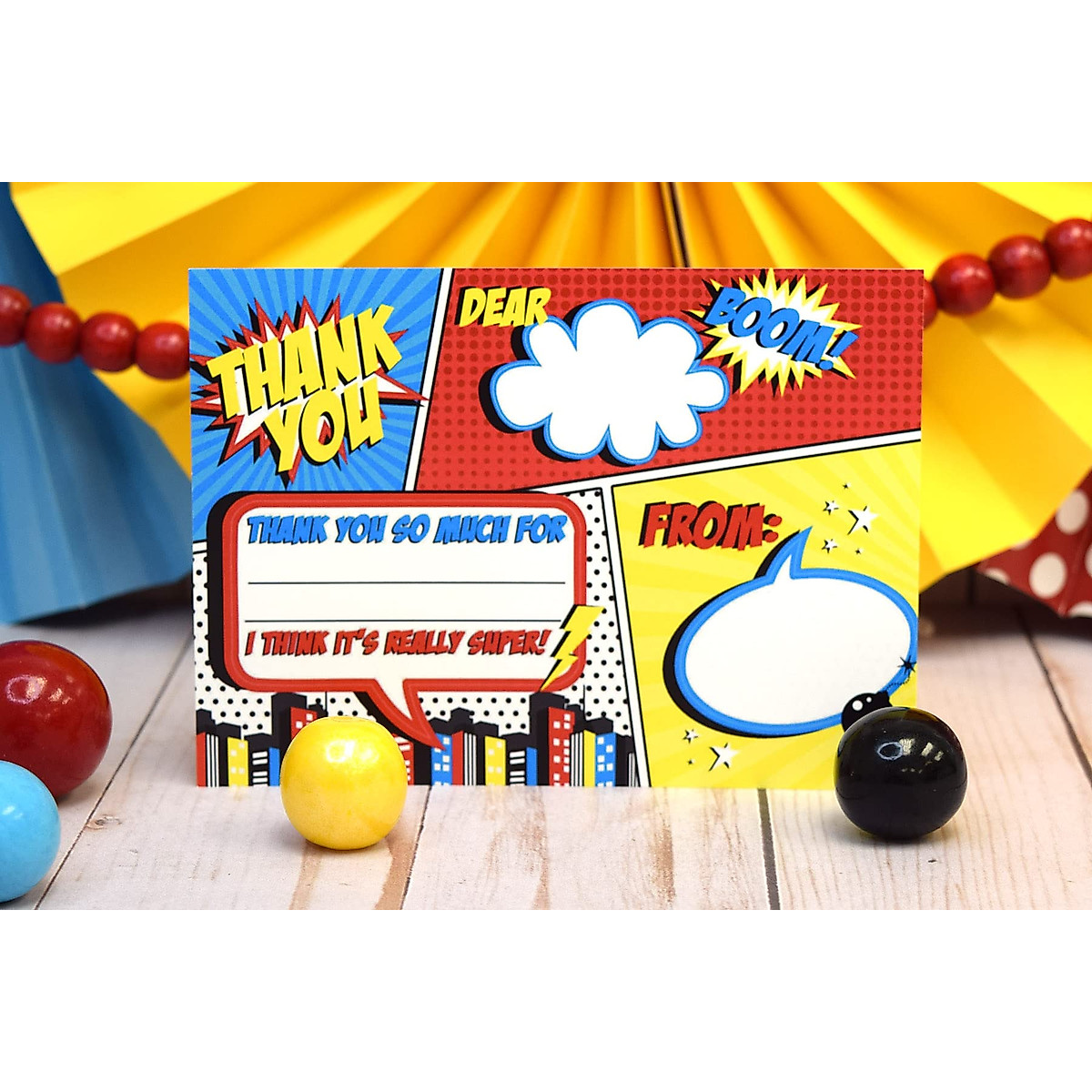 Comic Book Super Hero Birthday Thank You Notes, Ten 4" x 5.5" Fill In The Blank Cards with 10 White Envelopes by AmandaCreation