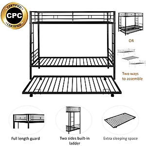DaiNNCN Twin Over Twin Bunk Bed with Trundle,Can Be Divided Into 3 Bed Metal Heavy Duty for Kids Boys Girls Adults-Black