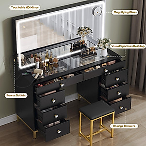 YITAHOME Vanity Desk with Mirror, Power Outlet and Magnifying Glass, Makeup Table with 8 Drawers, 3 Lighting Colors, for Bedroom and Dressing Areas, Black