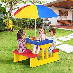 HOMGX Kids Picnic Table, Toddler Picnic Table with Removable & Foldable Umbrella, Plastic Children Patio Furniture for Garden Backyard, Kids Outdoor Table, Multicolored
