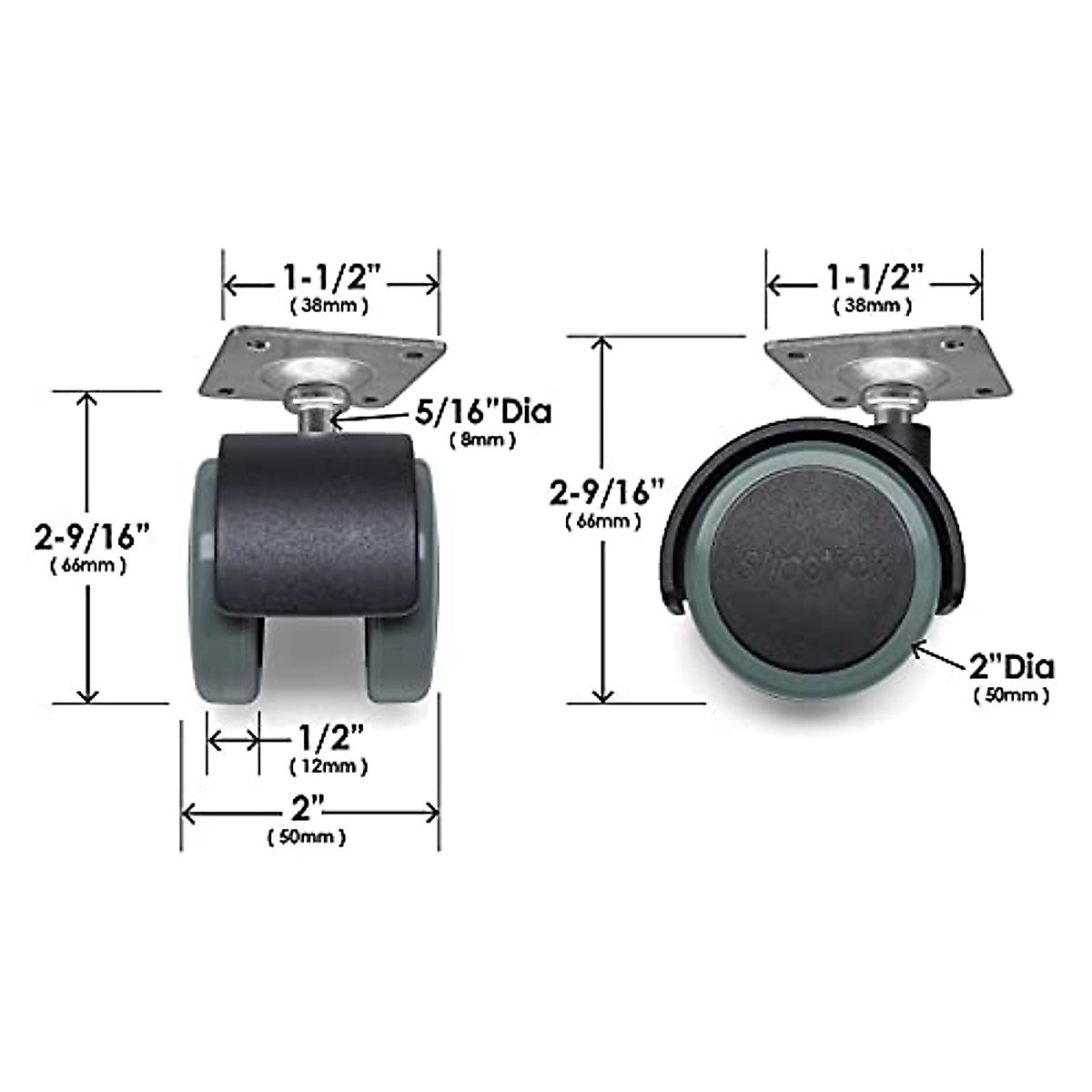 Slipstick CB681 2 Inch Floor Protector Rubber Caster Wheels (Set of 4) 5/16 Inch Stem or Top Plate Mounting Options - Black/Gray Green