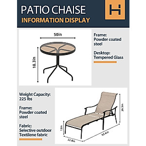HAPPATIO Patio Chaise Lounge 3 Pieces,Patio Lounge Chair with Glass Coffee Table,Pool Lounge Chair with Breathable Textilene Fabric for Patio Backyard Poolside (Brown)
