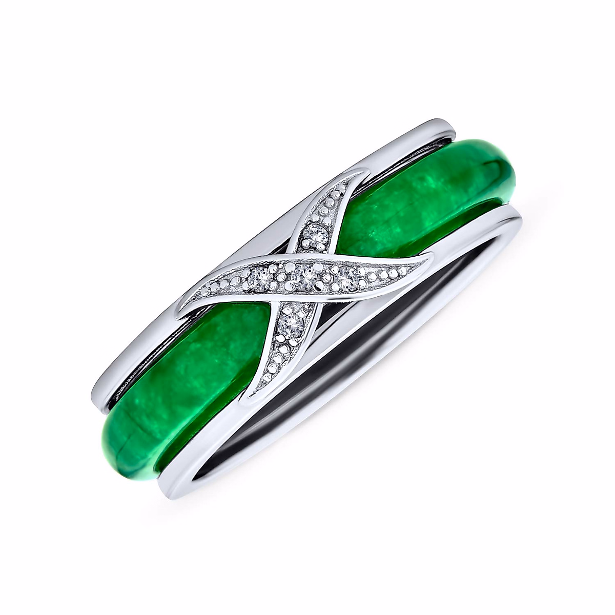 Bling Jewelry 925 Sterling Silver Jade Cubic Zirconia Crossover Motif Band,Green,6
