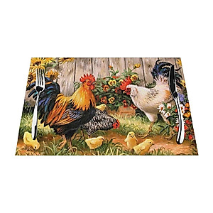 BOKEKANG Rooster Hen and Chickens Placemats Set of 4 PVC Roosters Table Mats Non-Slip Heat Resistant Chicken Place Mats Washable for Home Kitchen Dining Table