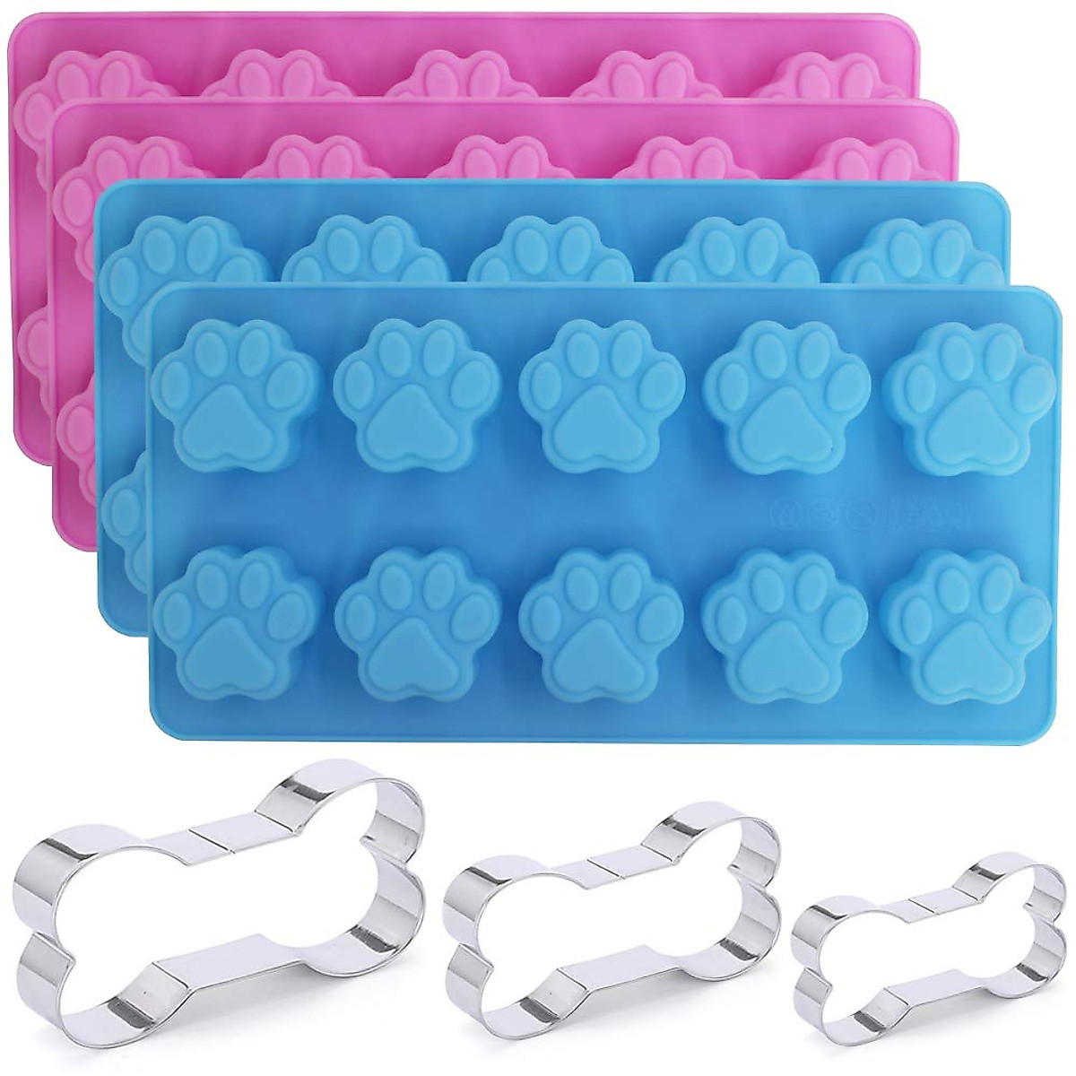 4 Packs Silicone Dog Paw Mold and 3 Packs Stainless Steel Bone Cookie Cutter, SourceTon Assorted Sizes Dog Bone Biscuit Cookie for Homemade Treats and Cat Animal Paw Ice Candy Chocolate Baking Mold