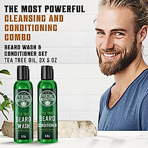 Viking Revolution Tea Tree Oil Beard Wash and Beard Conditioner For Men - Natural Beard Softener Set with Argan Oil, Vitamin E and Ginseng - Tea Tree Beard Shampoo and Conditioner Set (5 Oz)