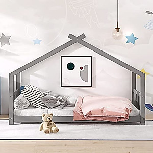 Merax Twin Wood House Bed Frame with Headboard Cute Montessori Platform Bed for Boys Girls,No Box Spring Needed (Twin,Grey)