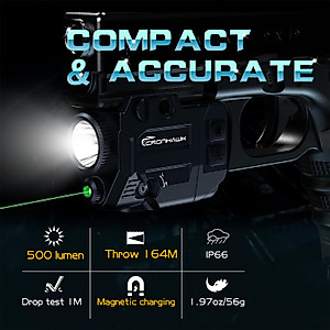 CRONHAWK 500 Lumens Tactical Weapon Flashlights Laser Sight - Rail-Mounted Light and Green Laser Light Combo for Pistol with Picatinny Rail and GL Rails - Magnetic Charging Port
