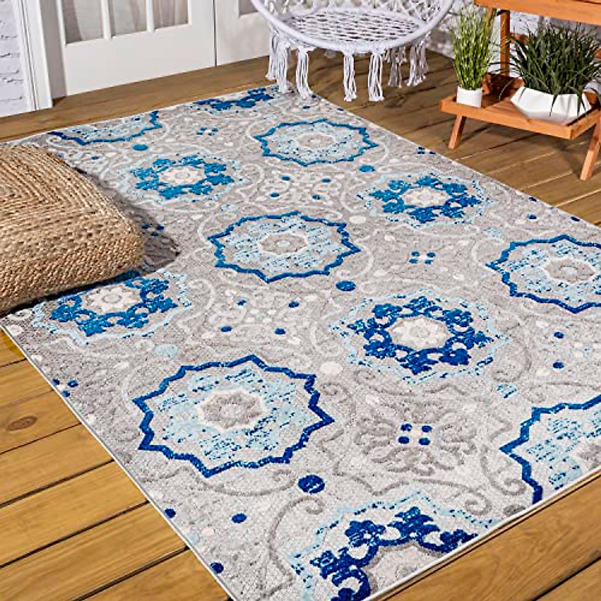 JONATHAN Y AMC101A-8 Mediterranean Medallion Indoor Outdoor Area-Rug Bohemian Floral Easy-Cleaning High Traffic Bedroom Kitchen Backyard Patio Porch Non Shedding, 8 X 10, Blue/Gray