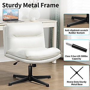 Darkecho Office Chair Armless Desk Chair No Wheels,Thick Padded Leather Home Office Chairs, Adjustable Swivel Rocking Vanity Chair, Wide Task Computer Chair for Office,Home,Make Up,Bedroom White