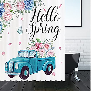4 Pieces Hello Spring Truck Floral Shower Curtain Sets with Non Slip Rug Butterfly Bathroom Shower Curtain Spring Gnome Bath U Shaped Mat Toilet Lid Cover Waterproof Spring Bathroom Set with Hooks