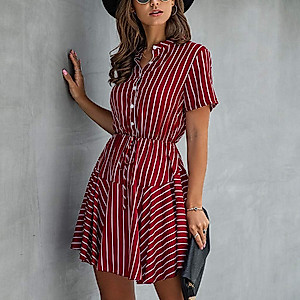 Shakumy Women Short Sleeve Button Swing Mini Dress Casual Summer Plaid Stripe Snakeskin Loose Tunic Shirts Short Dress