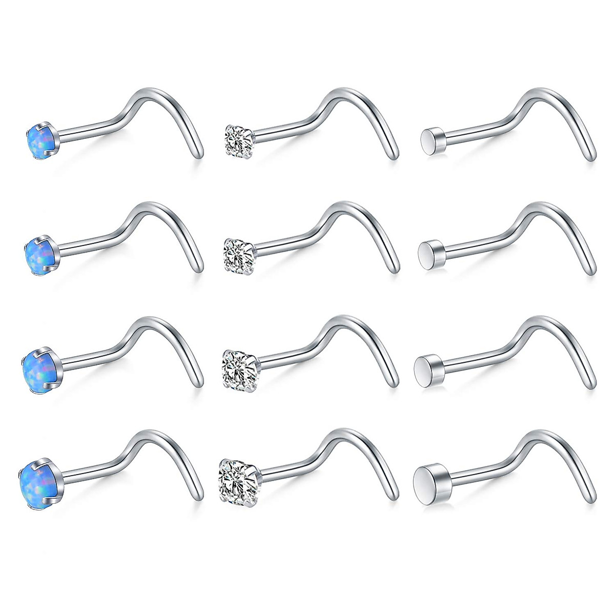 Anicina 18G Nose Rings Studs Stainless Steel 1.5mm 2mm 2.5mm 3mm Opal & CZ Flat Top Nose Screw Studs Nose Piercing Jewelry 12PCS