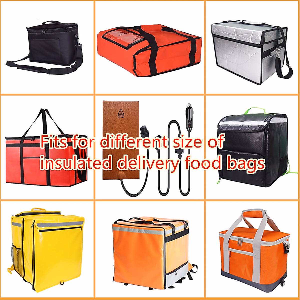 RICHOOSE Pizza Hot Food Delivery Bag Heating Warmer Pad Silicone Heater Pad 12V 100W, Built-in Thermostat 176℉ (80℃), 78.2-inch detachable power cable, car charger, ON/Off switch.