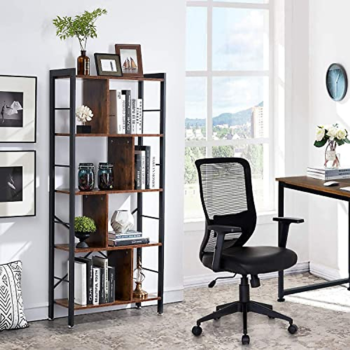 VECELO Home Office 5-Tier Bookshelf and Chair Set, Industrial Book Shelf with Ergonomic Lumbar PU Padded Chairs for Task Work, Black and Brown
