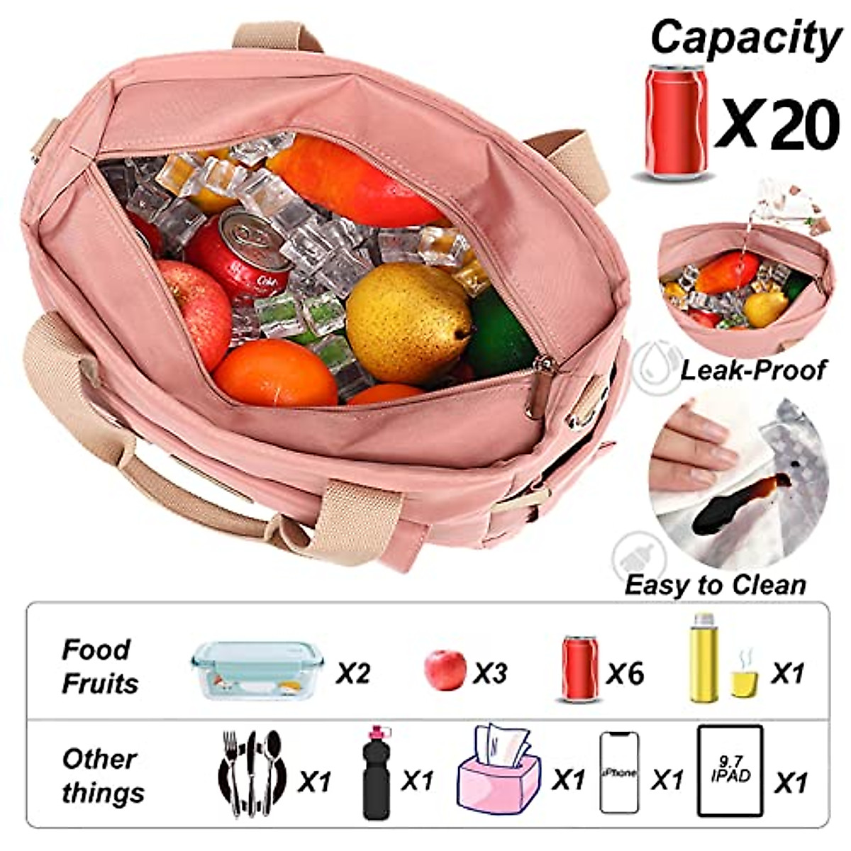 Lunch Bag Women, Insulated Leakproof Cooler Adult Lunch Box, Large Lunch Tote for Work with Adjustable Shoulder Straps & Side Pockets Cute Lunch Bag for Picnic, college, Hiking, Beach Lunch Bag (Pink)