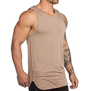 Magiftbox Mens Extended Scoop Workout Stringer Tank Tops Gym Shirts for Men Black/Khaki T05_Khaki_US-M