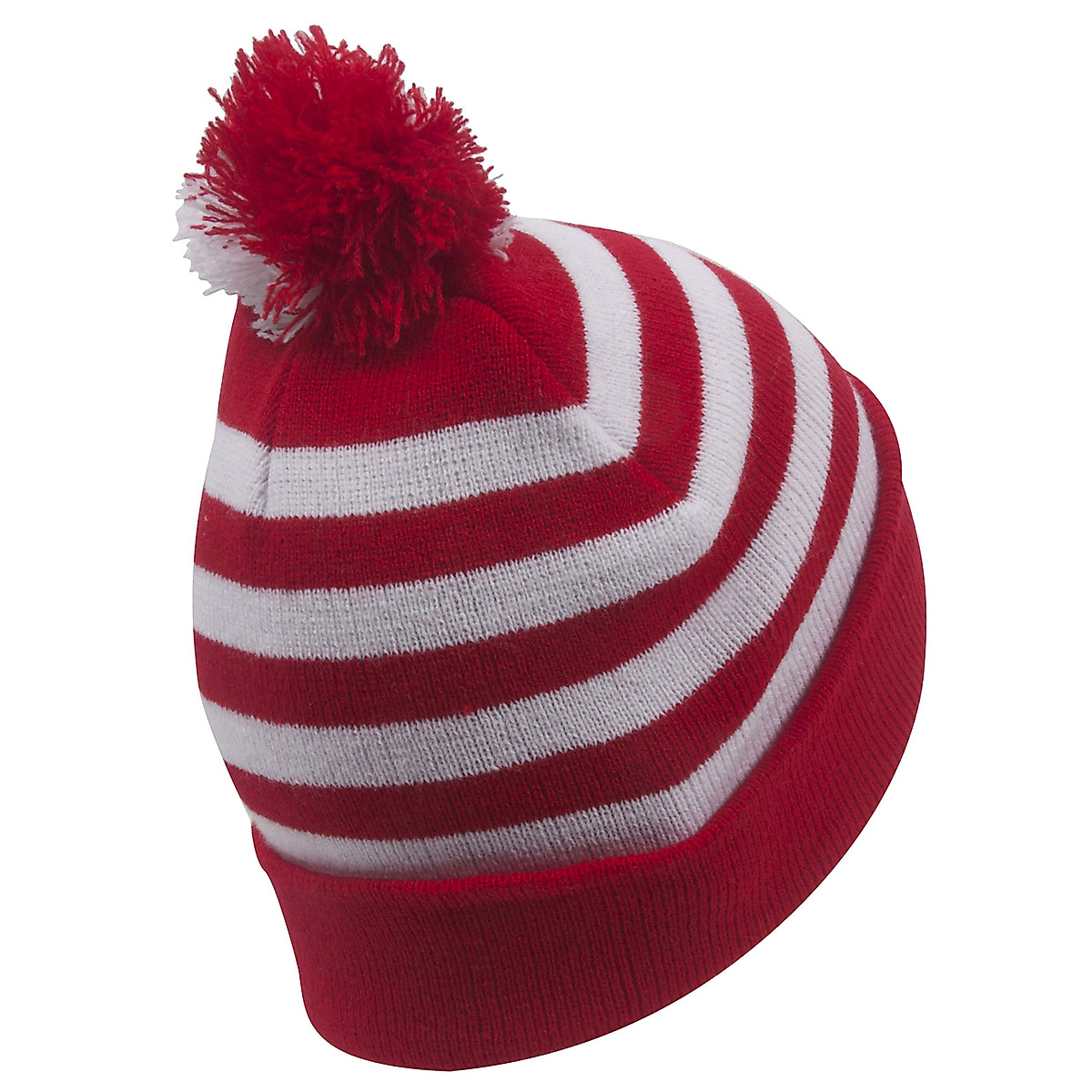 TOP HEADWEAR Striped Long Beanie w/Pom Red White Hat