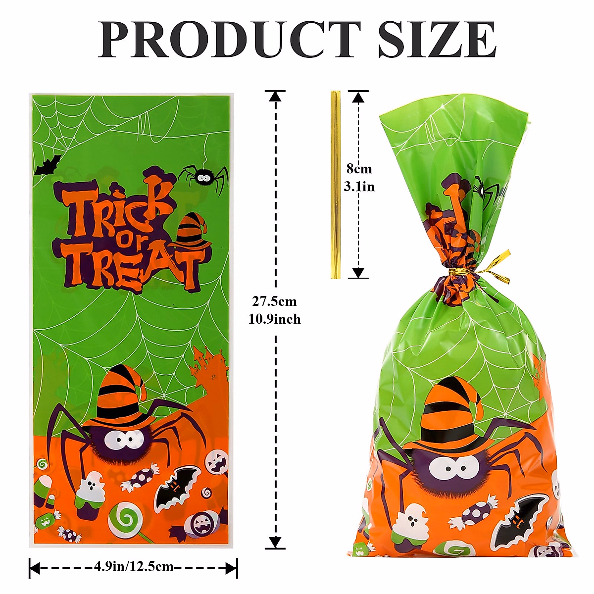 idolpack 50 Pcs Halloween Cellophane Treat Bags 4.9''X10.8'' Halloween Cello Candy Cookie Goodies Gift Bags with Twist Ties for Halloween Trick or Treat Party Favors Supplies