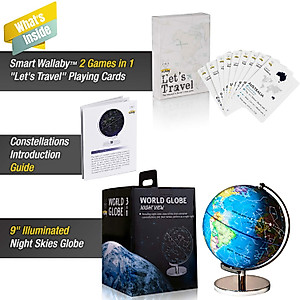 SMART WALLABY 9" Illuminated Educational Kids World Globe + STEM Flags & Countries Interactive Card Game. 3 in 1 Children Desktop Spinning Earth Political & Constellation Maps, LED Night Light Lamp