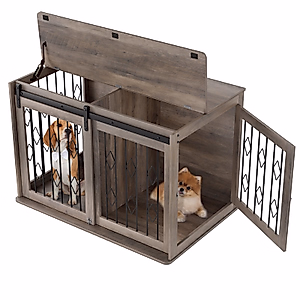 Clevich Large Dog Crate Furniture w/Sliding Barn Door, Wooden Indoor Dog Kennel w/Flip-top, 39.4'' Heavy Duty Modern Puppy Dog Cage End Table w/Detachable Divider for Small/Medium Pets (Oak Grey)