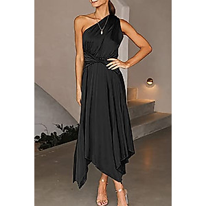 PRETTYGARDEN Women's Summer Long Satin Dress One Shoulder Sleeveless Ruched Twist Flowy Maxi Dresses (Black,Small)