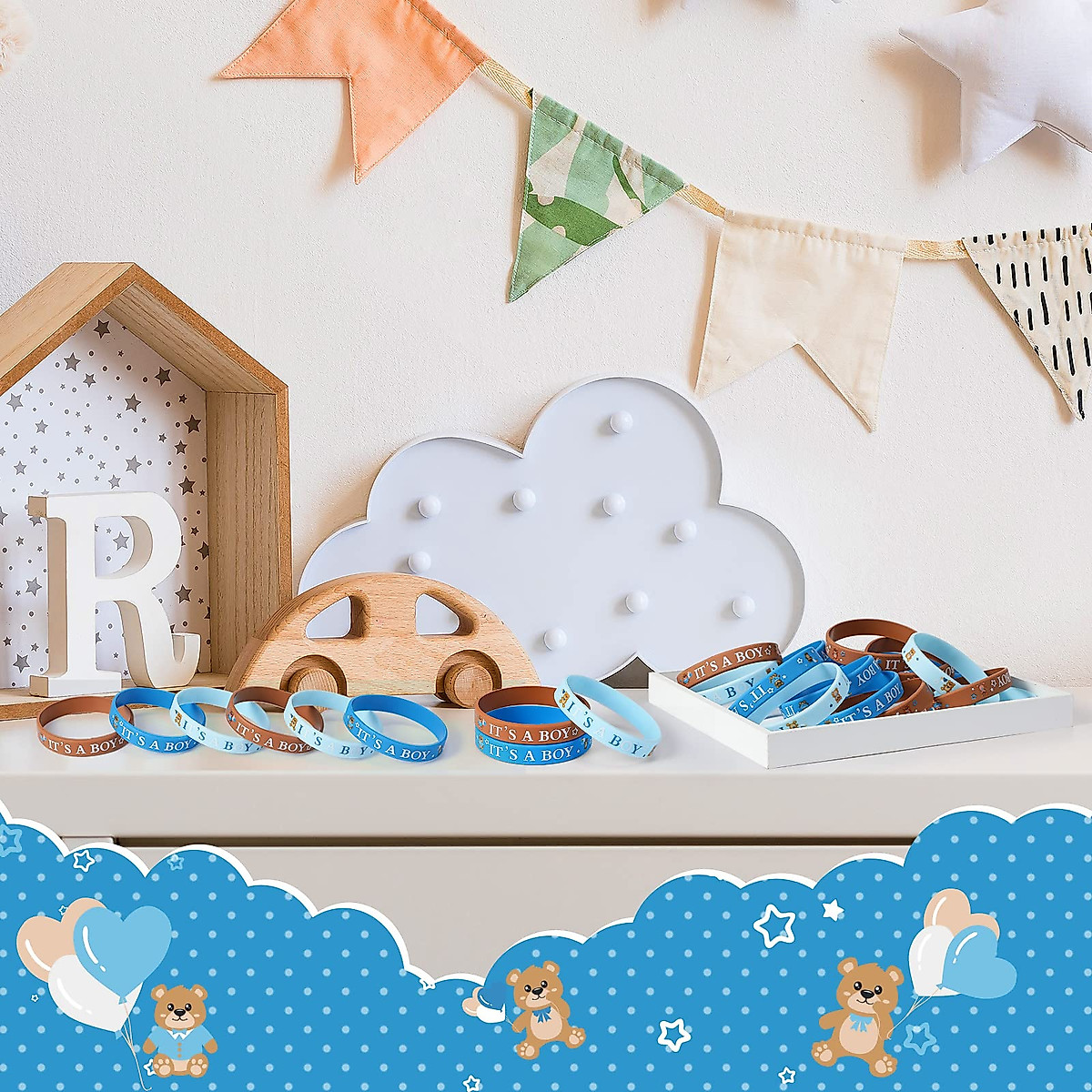 Zomiboo 36 Pieces Baby Shower Rubber Bracelets, It's a Boy It's a Girl Wristbands Elephant Baby Shower Decorations for Boy Girl Baby Shower Party Favor Gender Reveal Party Supplies (Bear Style)