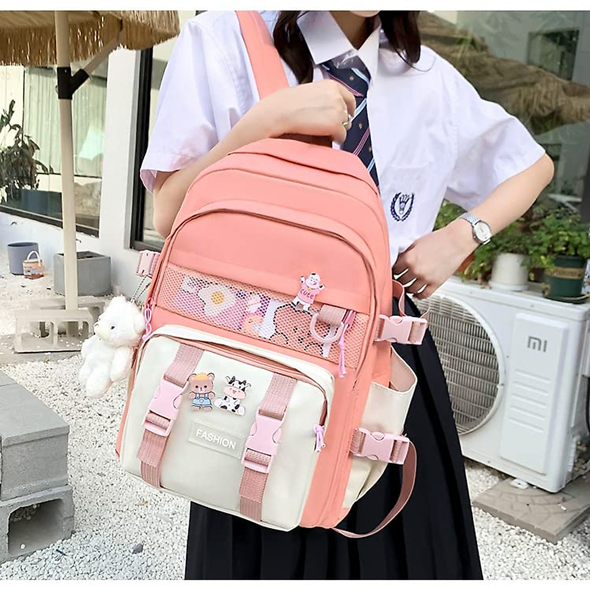 KOVPIFB Kawaii Backpack Cute Style 5 PCS Backpack Set,Cute Plush Pendants & Pins Aesthetic School Bags for Teen Girls Pink