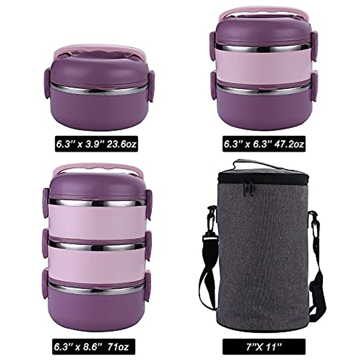 DILUOOU Stackable Lunch Box, 3 Tier Stainless Steel Thermal Lunch Box,Bento Lunch Box for Adult With Lunch Bag & Utensils (Pink)