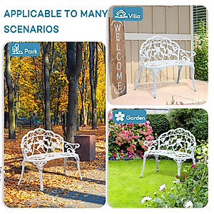 Sun-Ray Outdoor Patio Bench with Rose Detail in White, Cast Aluminum and Cast Iron Bench for Garden, Park, Patio, & Deck
