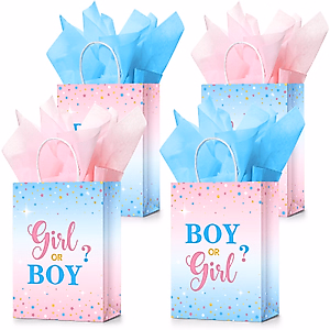 16 Set Gender Reveal Party Gift Bags with Tissue Paper Baby Shower Party Gift Bags, Pink Blue Treat Candy Bags Gender Reveal Paper Bags with Handles