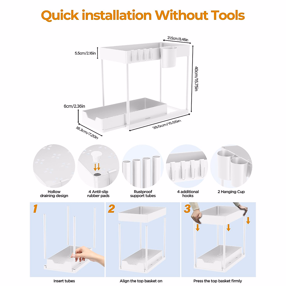 DILEASIR Under Sink Organizers and Storage Bathroom 2Pack, 2 Tier Kicthen Cabinet Basket Organizer, with Hooks, Hanging Cup, Dividers, Handles, Multi-purpose Under Sink Shelf Organizer, White