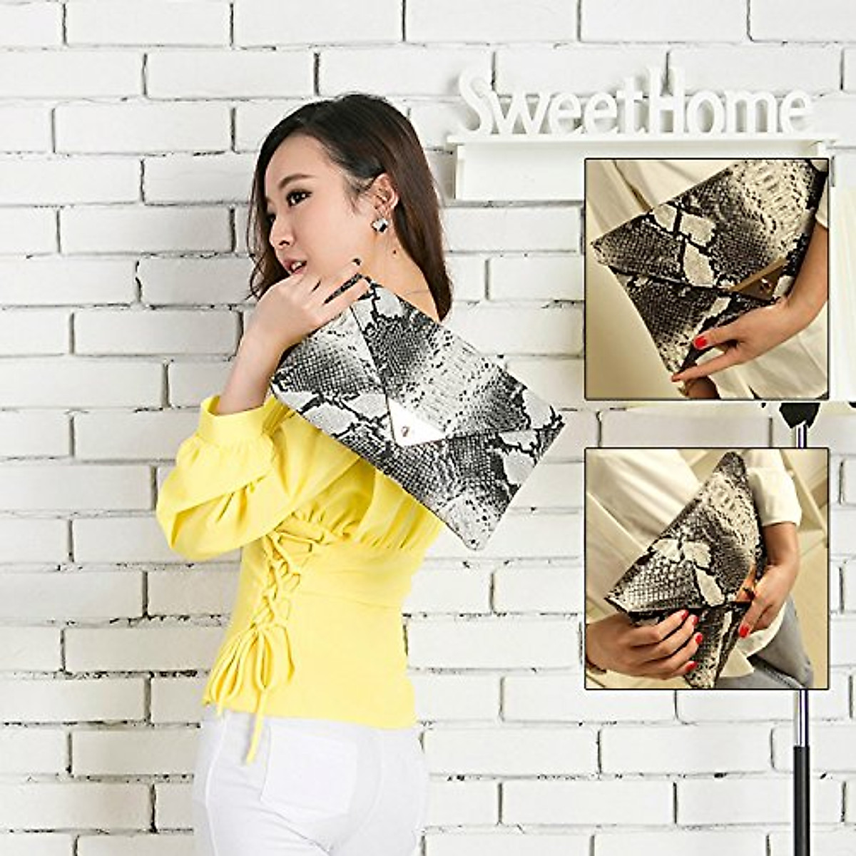 CLARA Women Fashion Snakeskin Pattern Clutch Handbag Envelope Bag Chain Shoulder Bag Evening Party Bag