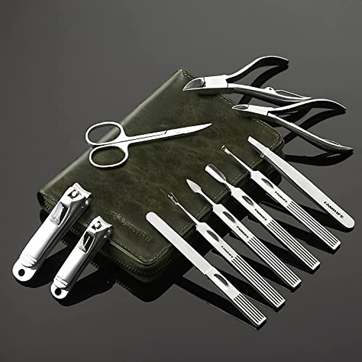 FAMILIFE Manicure Set, Nail Kit 11 in 1 Gifts for Men him Pedicure Kit Stainless Steel Mens Manicure Kit Professional Leather Pedicure Tools Mens Grooming Kit with Dark Green Travel Case Nail Clippers