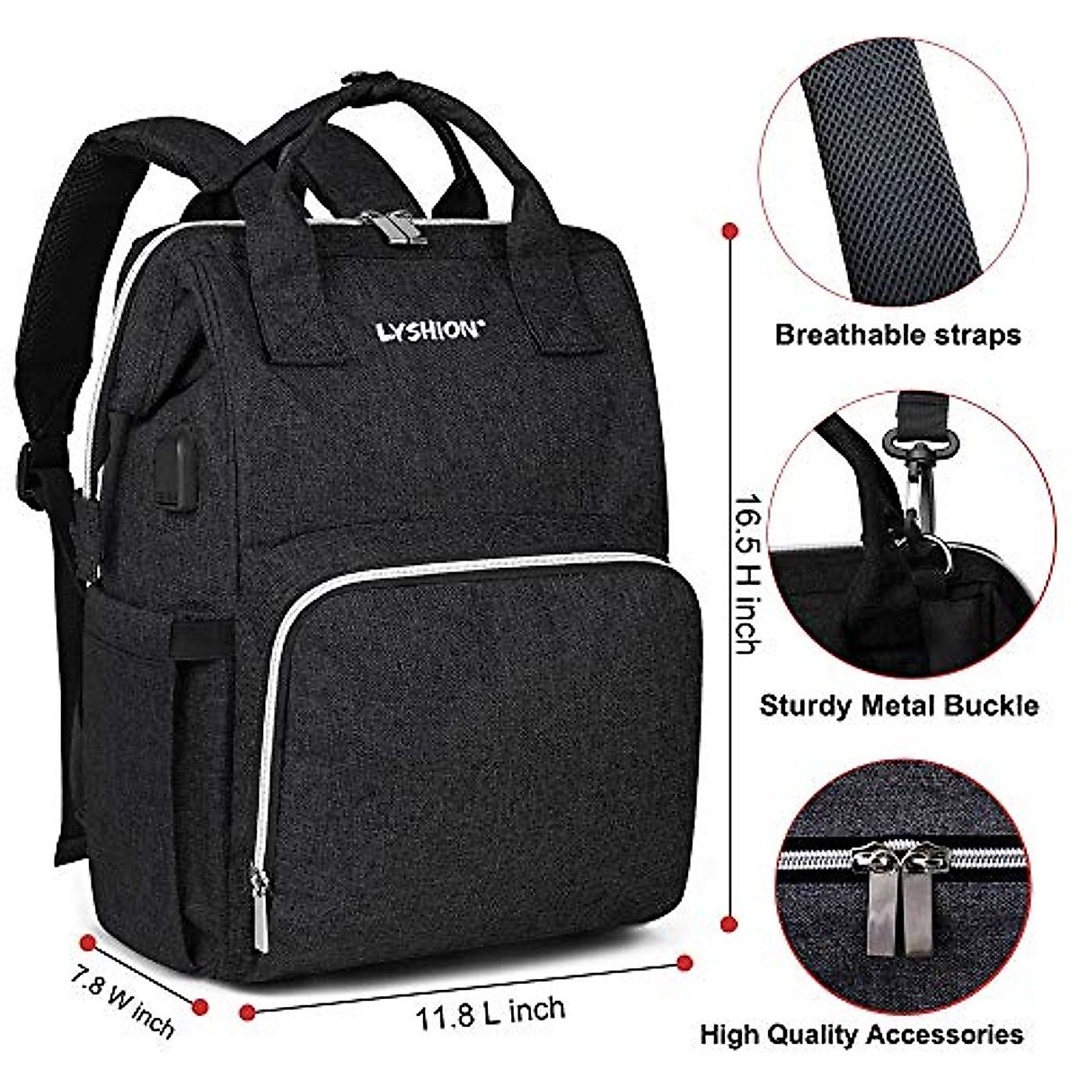 Diaper Bag Backpack,Multifunction Travel Maternity Baby Nappy Changing Bags with USB Charging Port (Dark Black)
