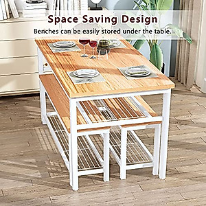 Lamerge 3-Piece Dining Table Set, Oak Dining Table with Storage Shelf, Kitchen Table and Chairs Set for 4, Dining Table Set with 2 Benches, Industrial Dining Table Set for Dining Room, Kitchen