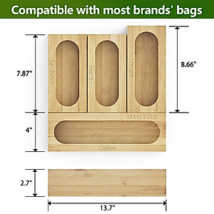 Ziplock Bag Storage Organizer for Drawer with Bigger Quart Box Bamboo Baggie Storage Organizer Kitchen Food Holders, Gallon Quart Snack and Sandwich Bag Variety Size Dispenser,4 Pack