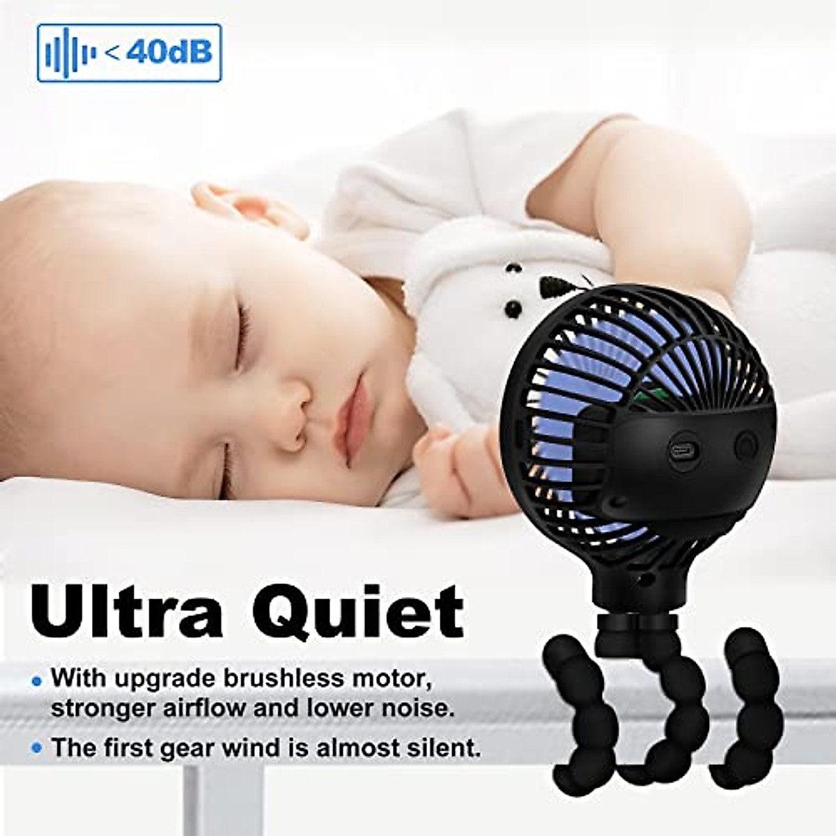 TRELC Mini Handheld Stroller Fan, Personal Portable Baby Fan with Flexible Tripod, 2023 Upgraded Version, Gift for Children, Rechargeable Fan for Office Room Car Traveling BBQ Gym Fan (Black)